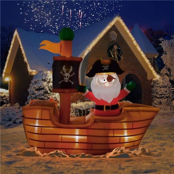 Holiday | 7 Ft Christmas Inflatable Decor With Pirate Santa On A Wooden ...